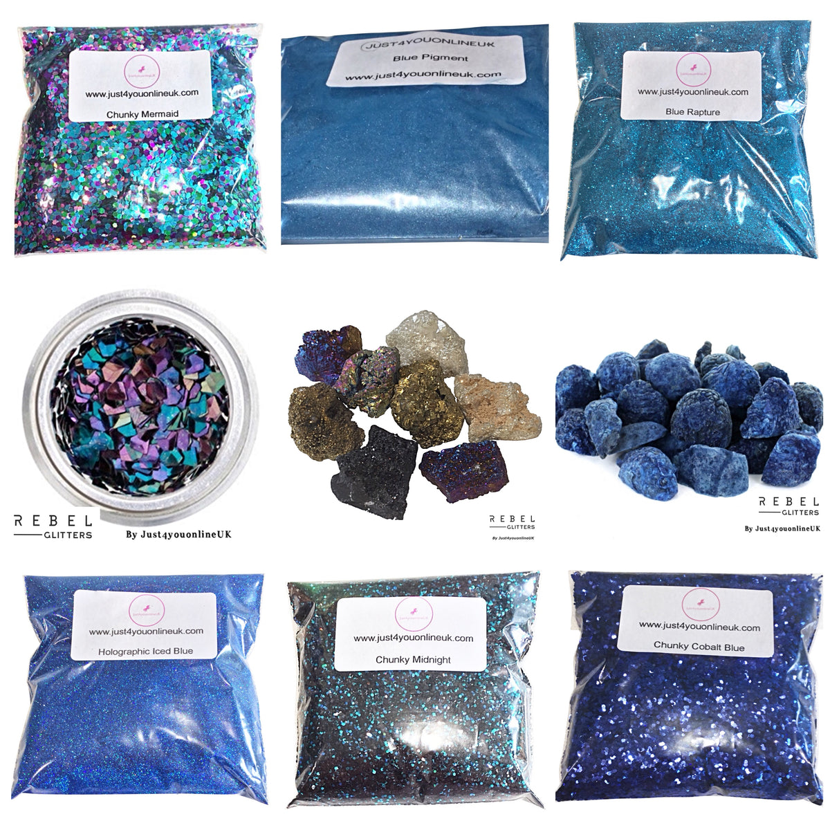 Blue Chunky or Fine Glitter, pigment, crystals, Chromatic Flakes, Rebe ...